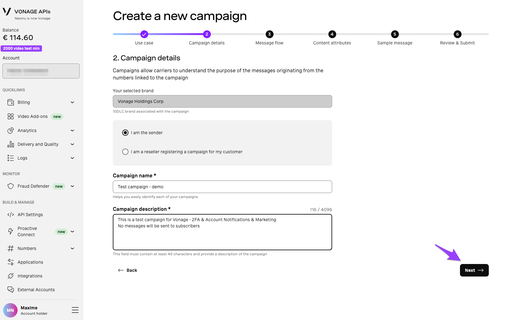 10DLC - Register a campaign via the dashboard – Vonage API Support