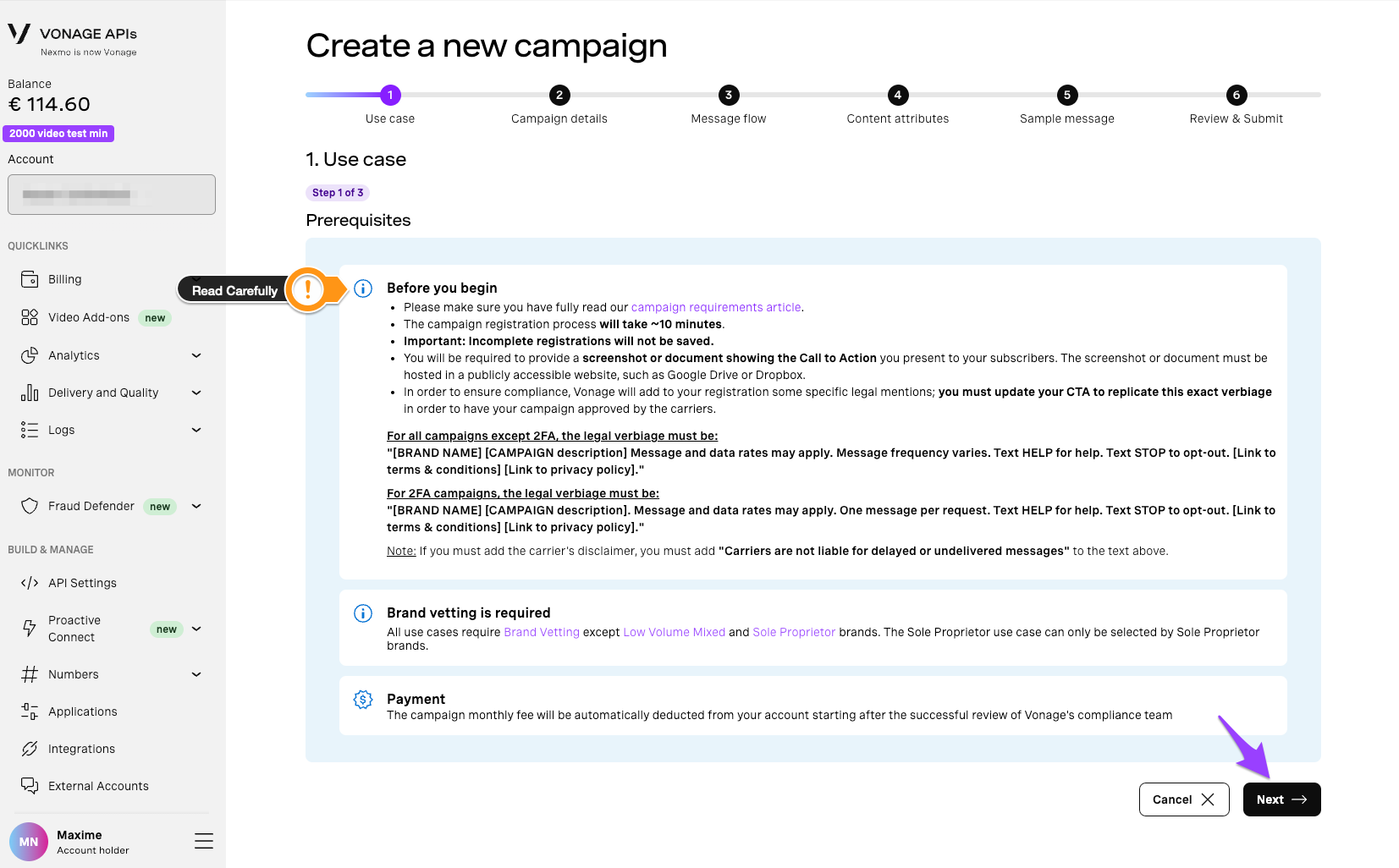 10DLC - Register a campaign via the dashboard – Vonage API Support