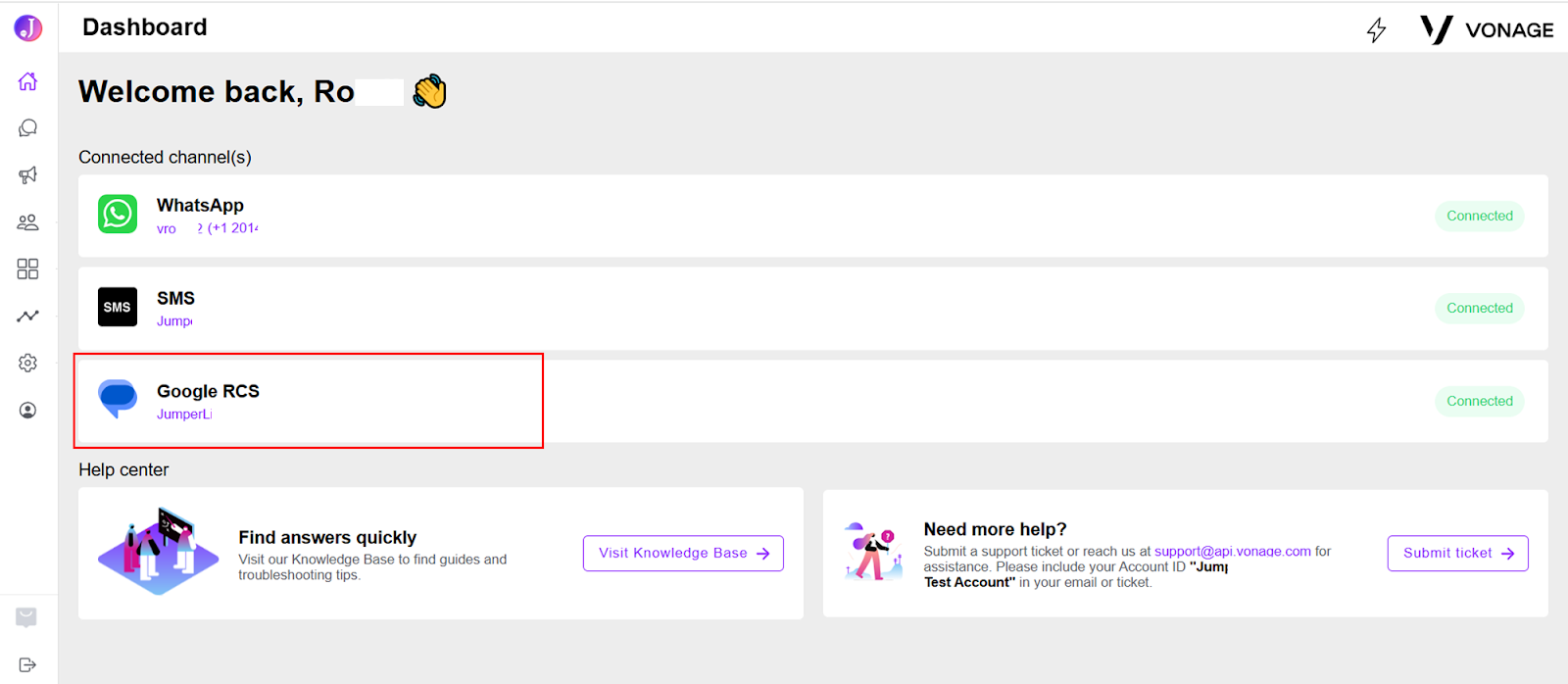 Connected Channel Status – Vonage API Support