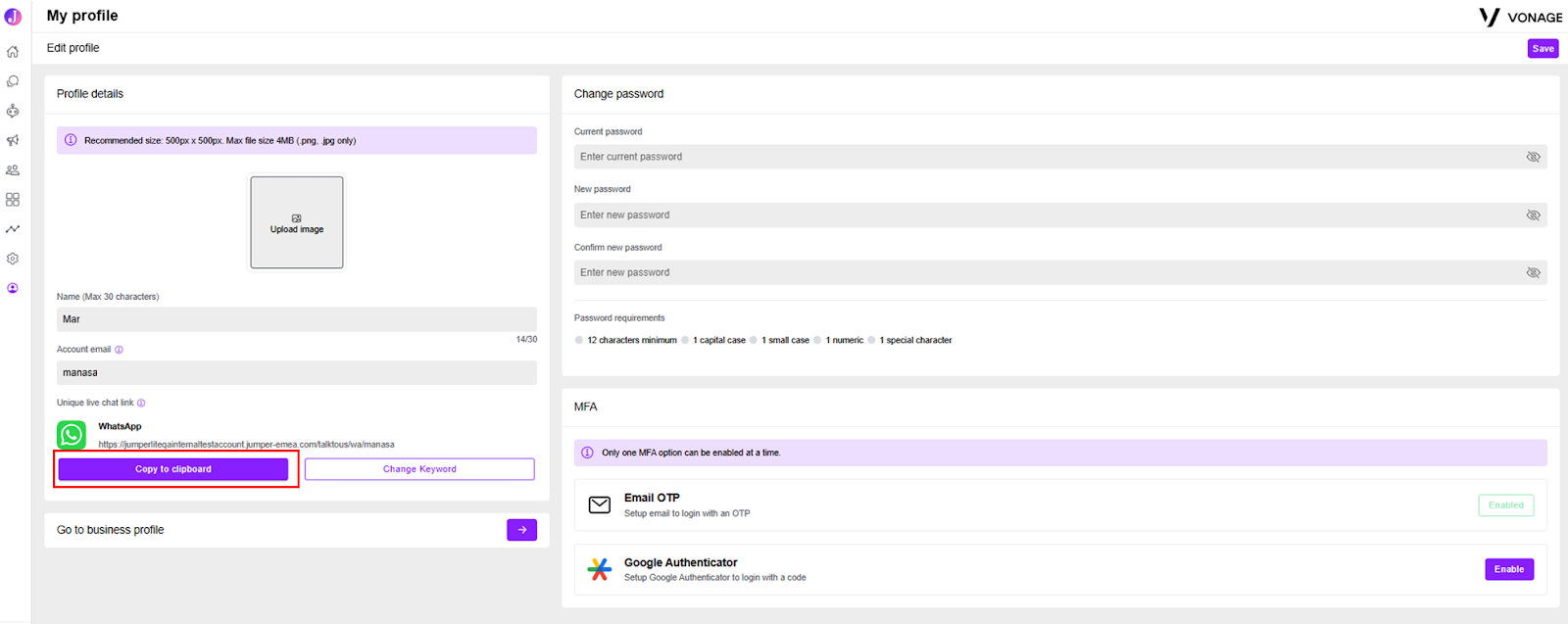 Setting up Unique Live Chat Link – Vonage API Support