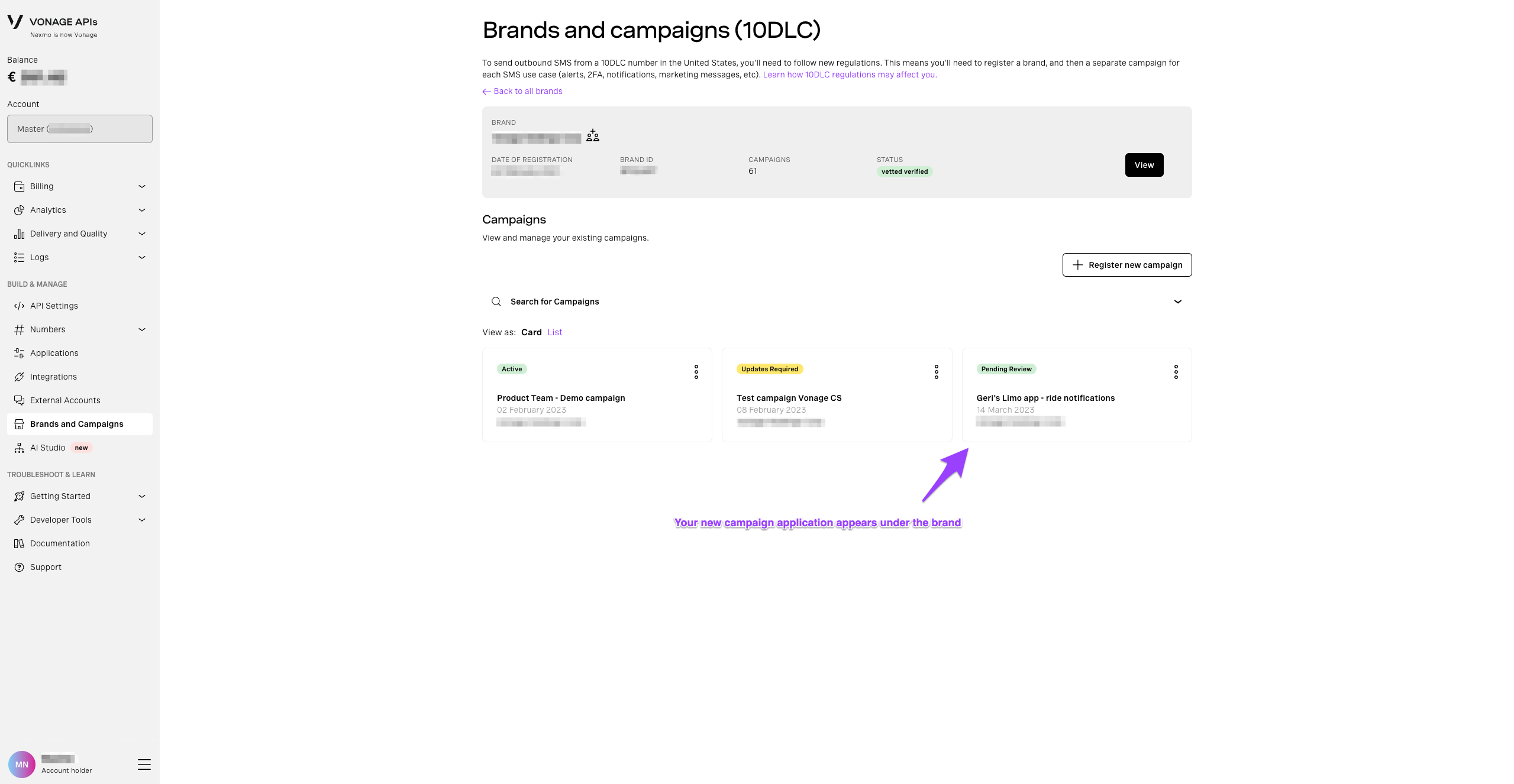 10DLC - Register a campaign via the dashboard – Vonage API Support